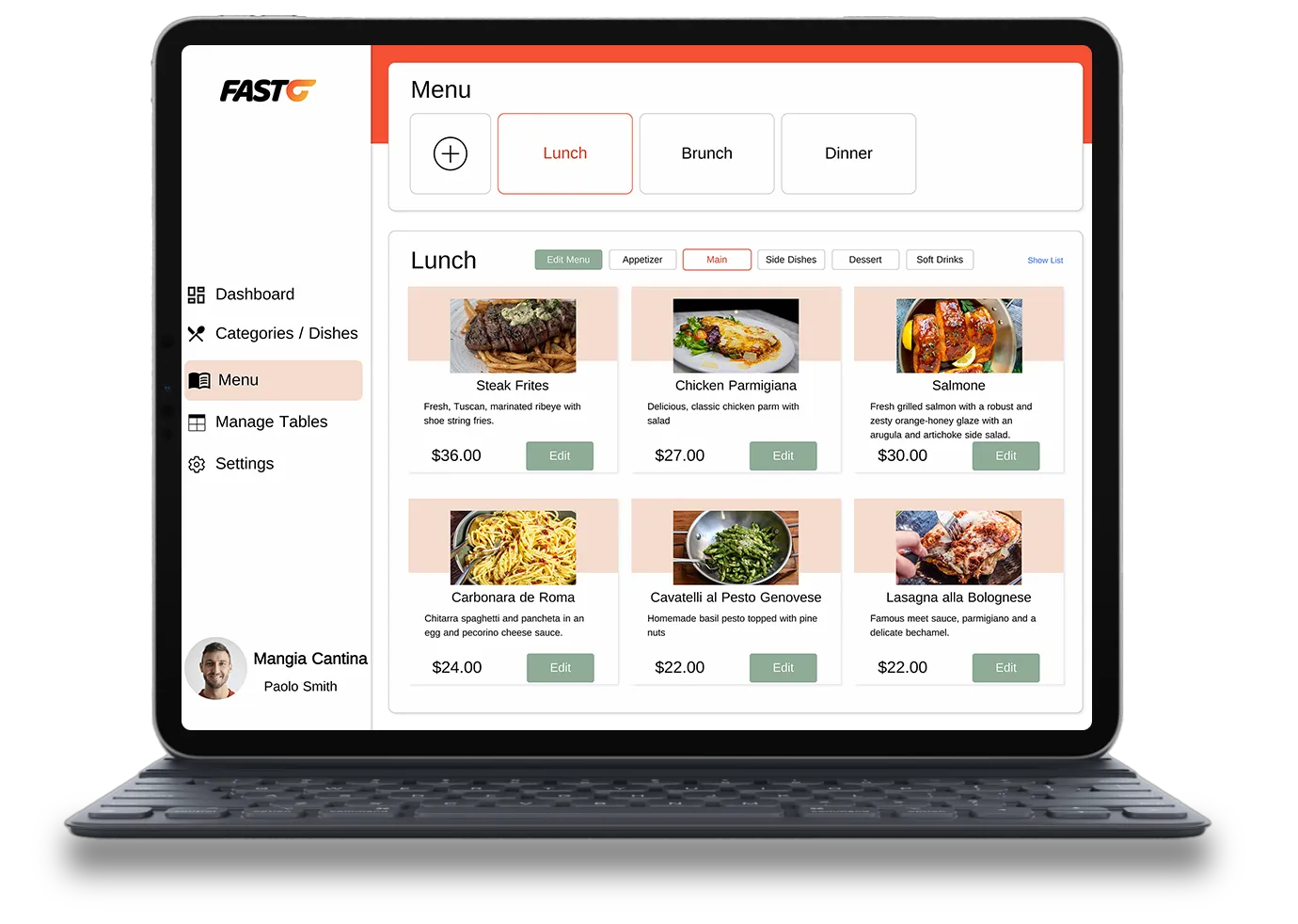 iPad displaying a restaurant menu at Fasto App for businesses