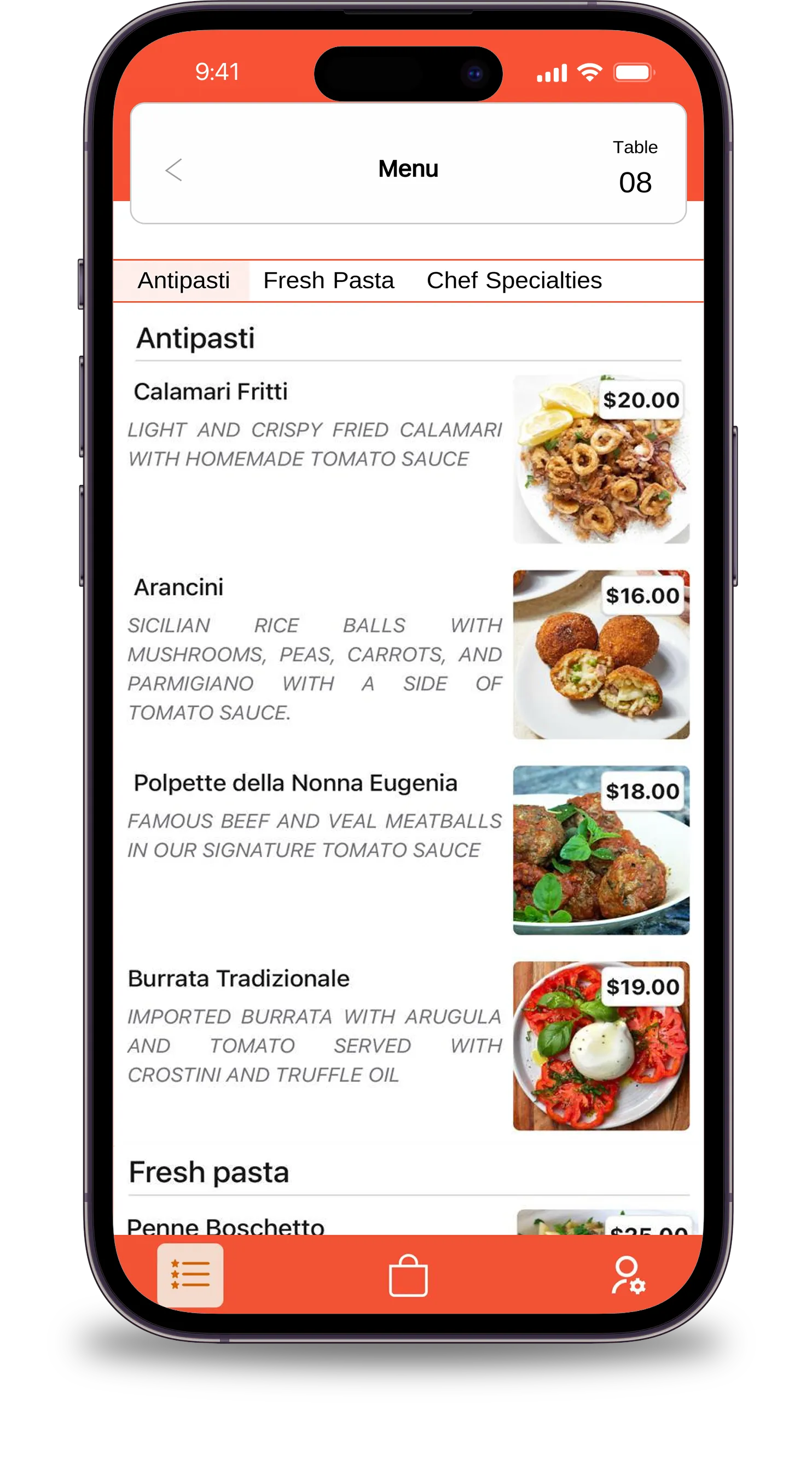 Fasto App for customers - menu